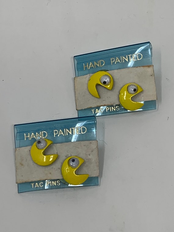 Pair of Vintage NOS Pac Man Tac Pins / Hand Painted - Gem