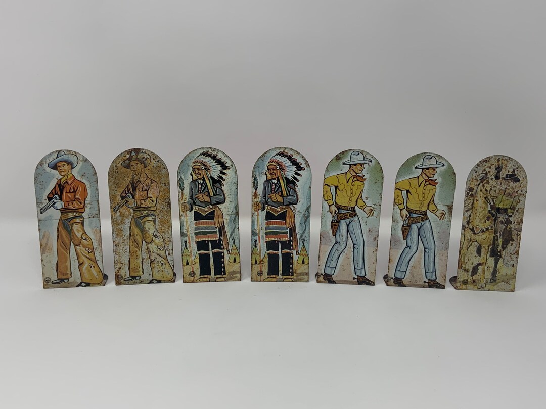 7 Marx Tin Litho Targets - Cowboys & Indians - Antique 1930s Toy Knock ...