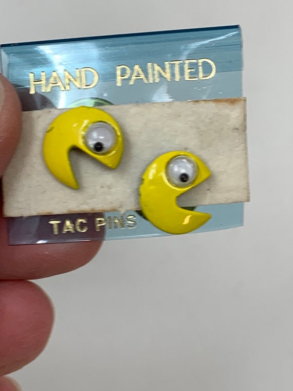 Pair of Vintage NOS Pac Man Tac Pins / Hand Painted - Gem