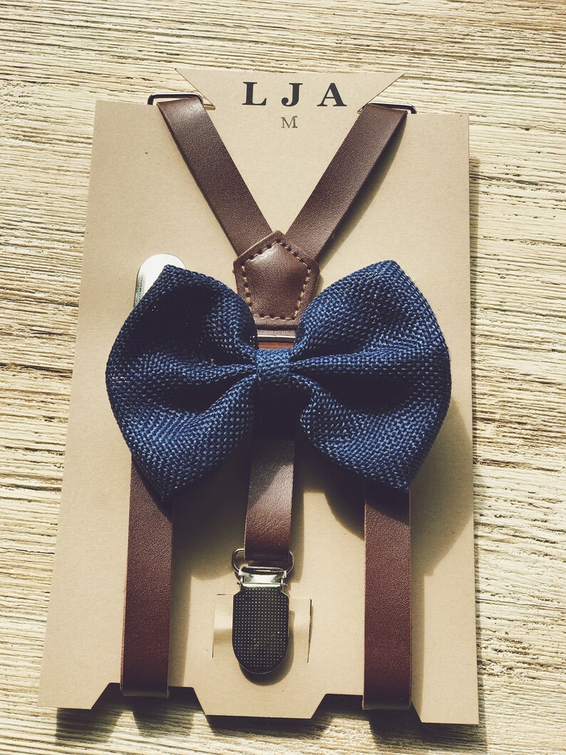 Navy Blue Burlap Bow Tie/coffee Brown Suspender Set Ring - Etsy