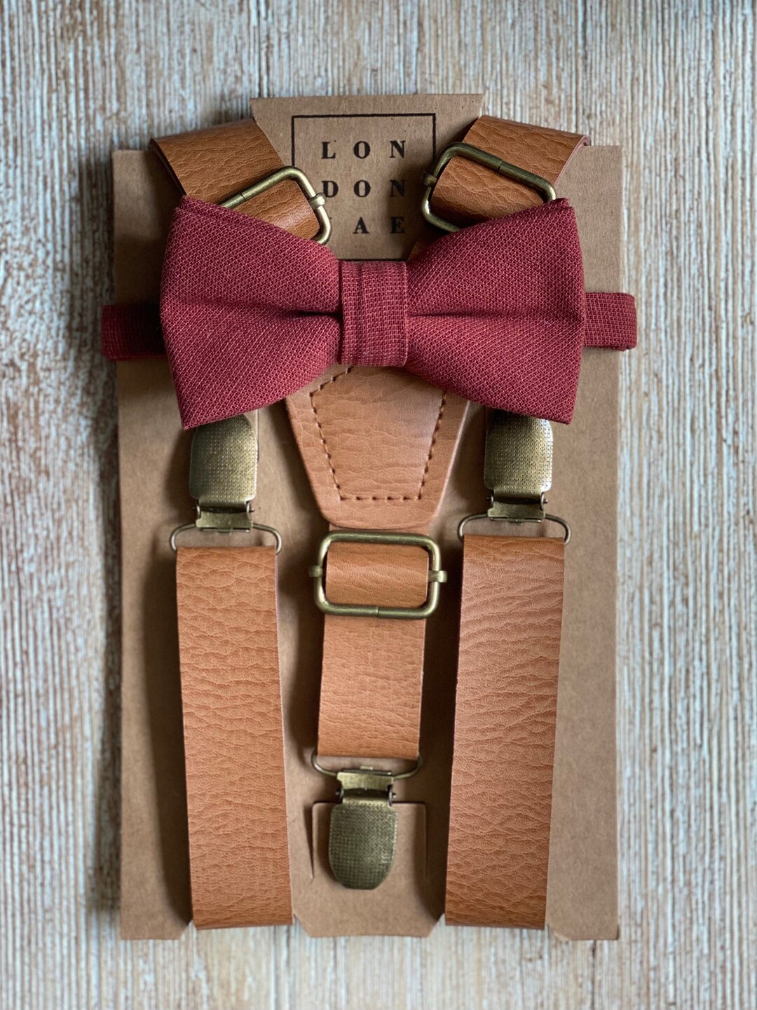 Terracotta Bow Tie and Light Brown Faux Leather Suspender Set Wedding ...