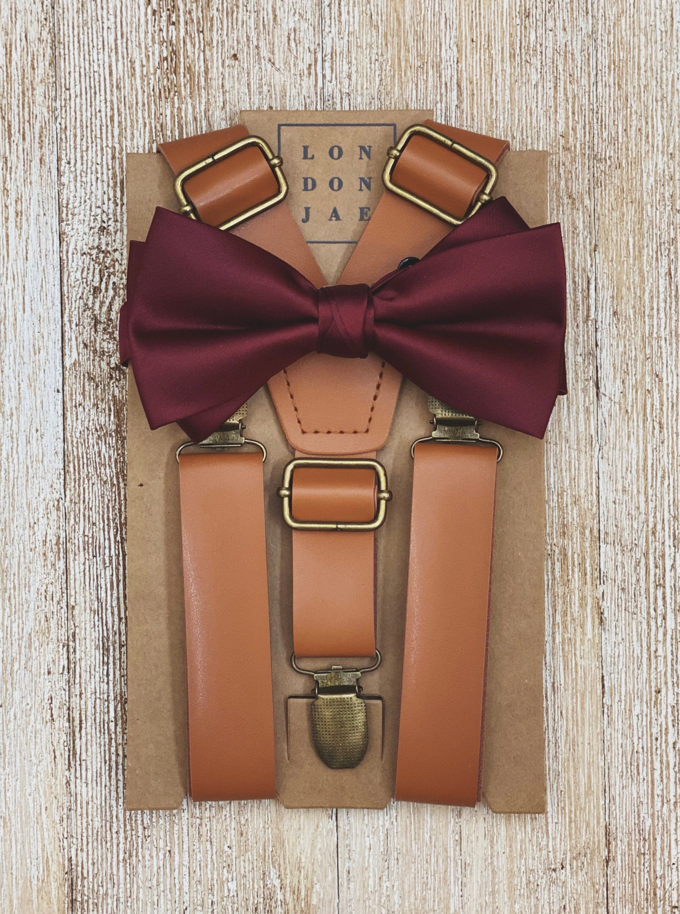 Burgundy Wine Bow Tie - Caramel Light Brown Faux Leather Suspenders ...