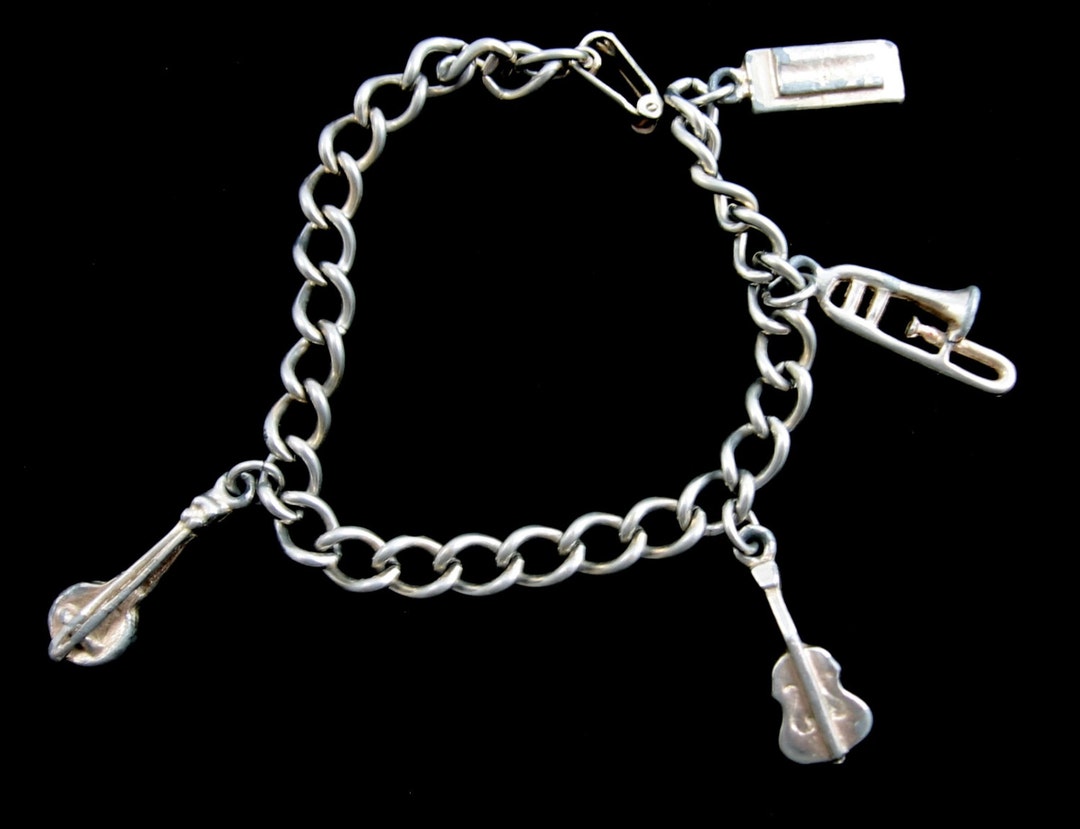 MUSICAL Charm Bracelet Music Instruments Silvertone Harmonica Trumbone Guitar 5 1/2 - Etsy