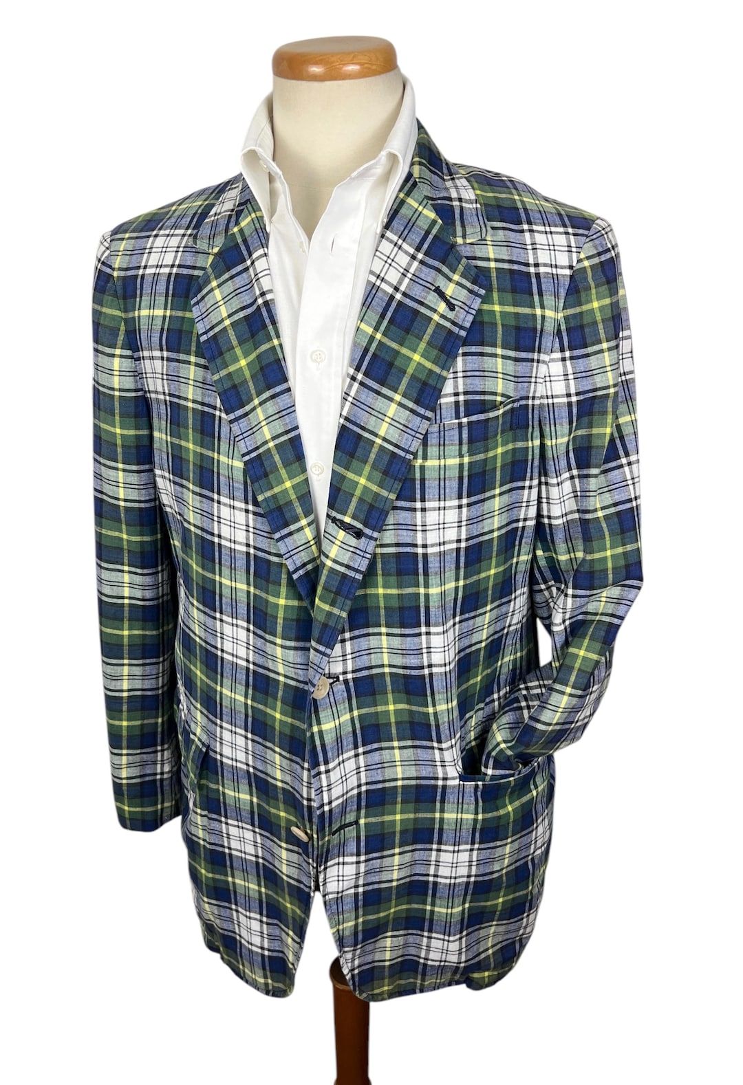 Vintage 1980s BROOKS BROTHERS Madras Tartan Plaid Cotton Sack Jacket ~ Size 40 Long ~ 3 Roll 2 ...