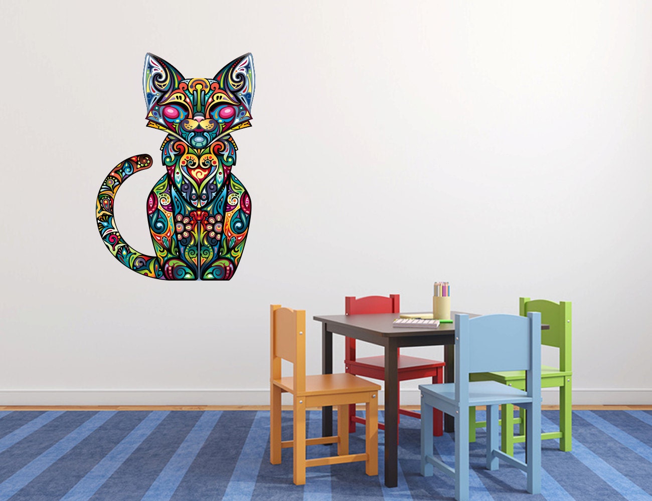 Abstract Cat Wall Decal Vinyl, Colorful Cat Wall Sticker, Design Cat ...