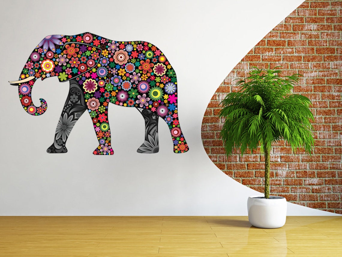 Elephant Wall Decal, Children Wall Sticker Elephants Art, Floral ...