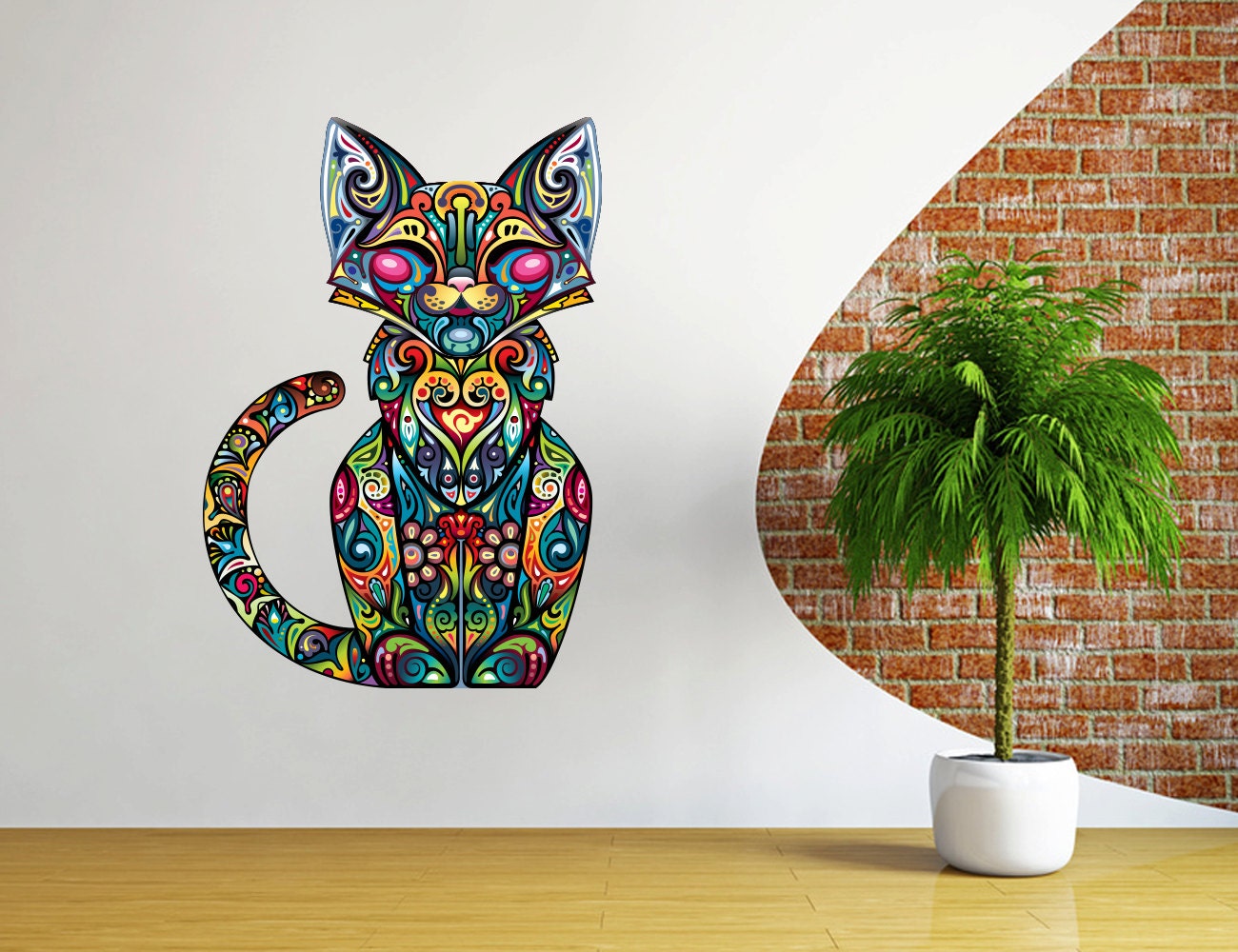 Abstract Cat Wall Decal Vinyl, Colorful Cat Wall Sticker, Design Cat ...