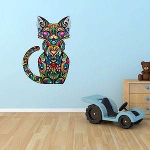 Abstract Cat Wall Decal Vinyl, Colorful Cat Wall Sticker, Design Cat ...