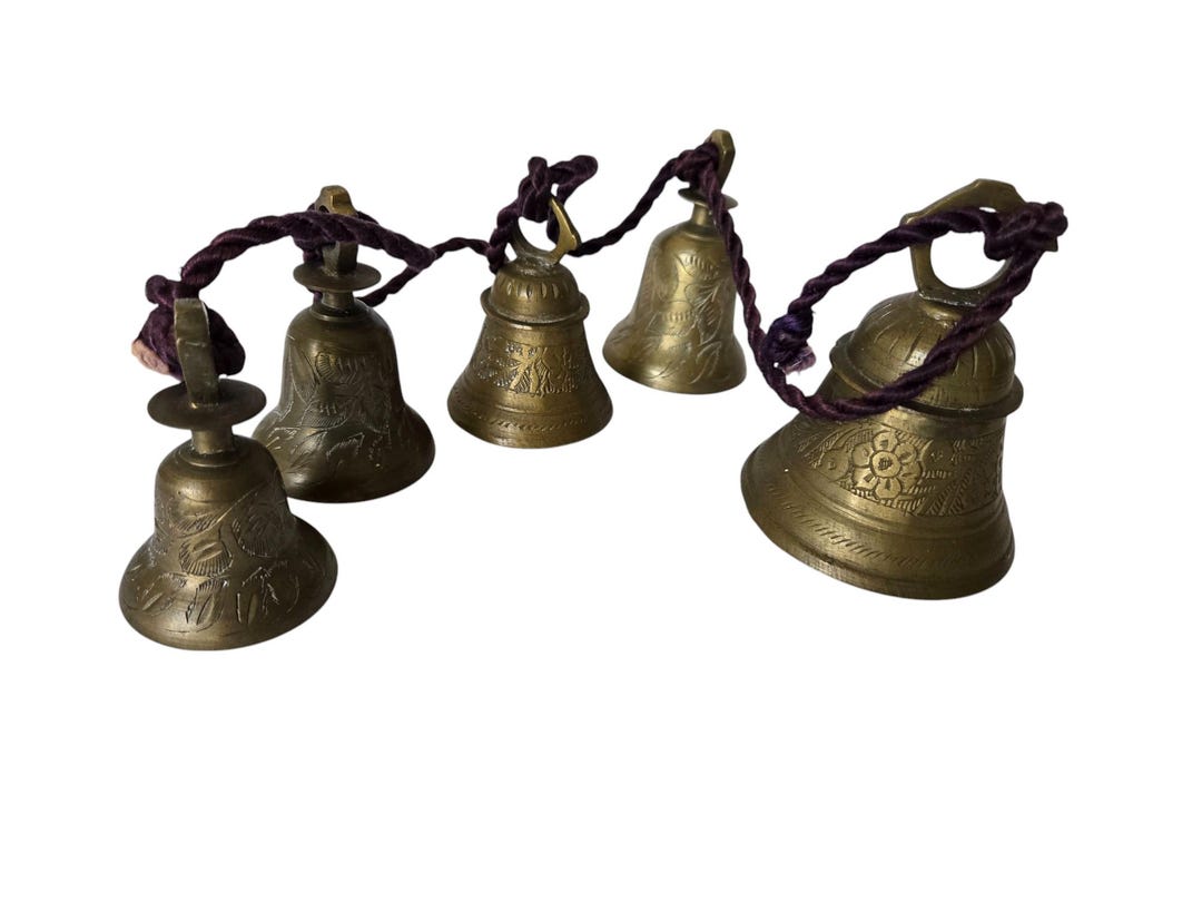 Set of 5 Vintage Etched Brass Bells on Woven Rope for Wall Mount or ...