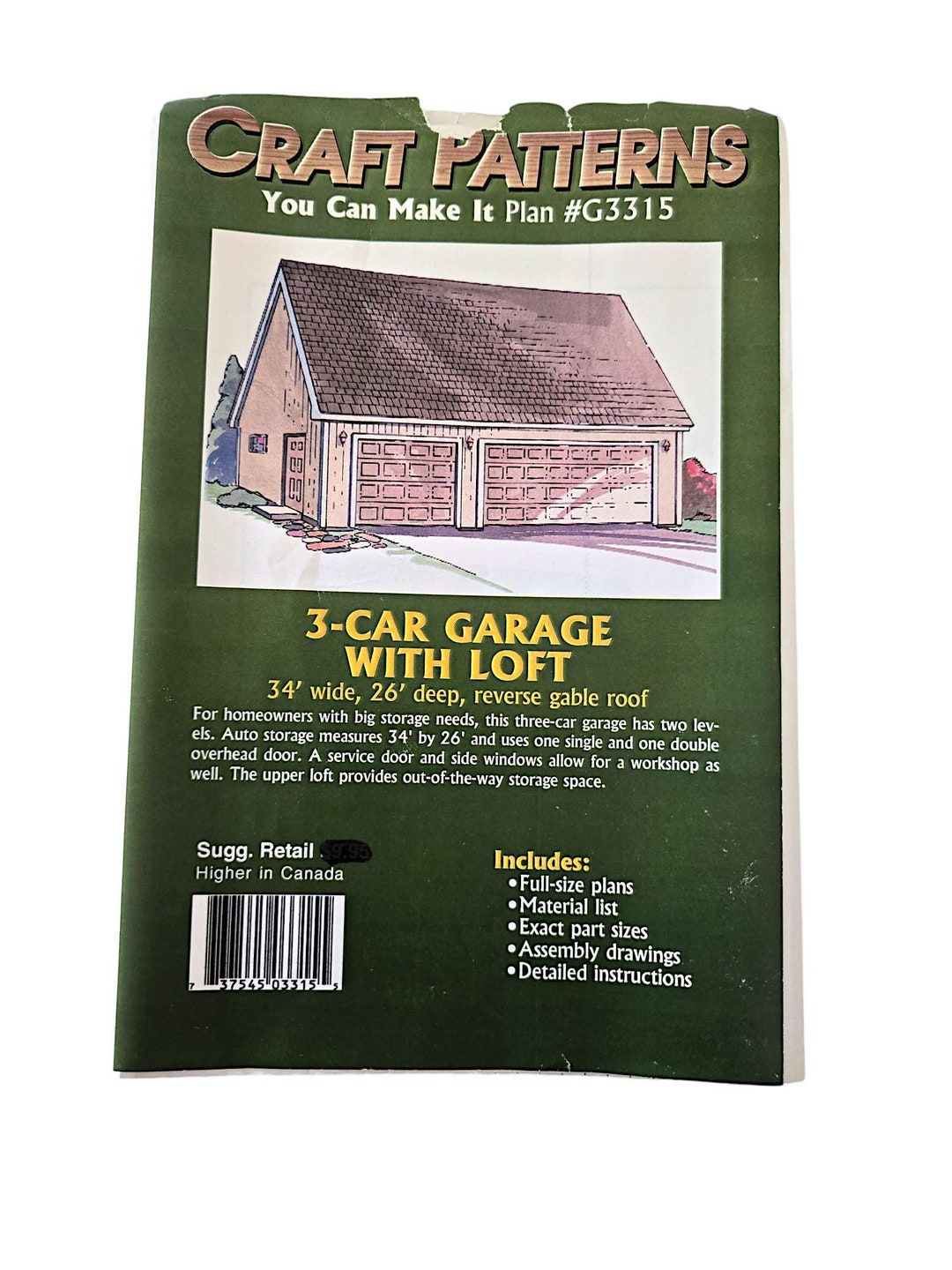 3 CAR GARAGE With LOFT Pattern Craft Pattern Full Size Plans, Materials ...