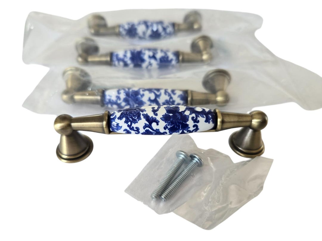 Set of 4 Cabinet Handles Blue and White Ceramic Porcelain With Brushed ...