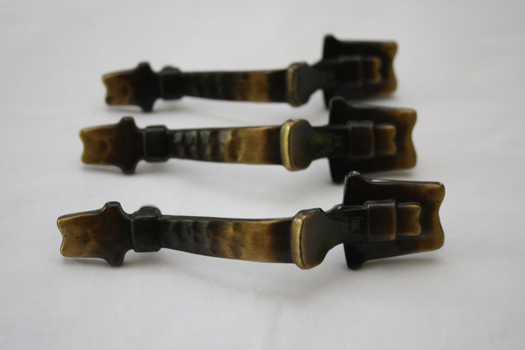 Vintage Handles Pulls for Cabinets, Set of 3 Hammered Brass Carriage ...