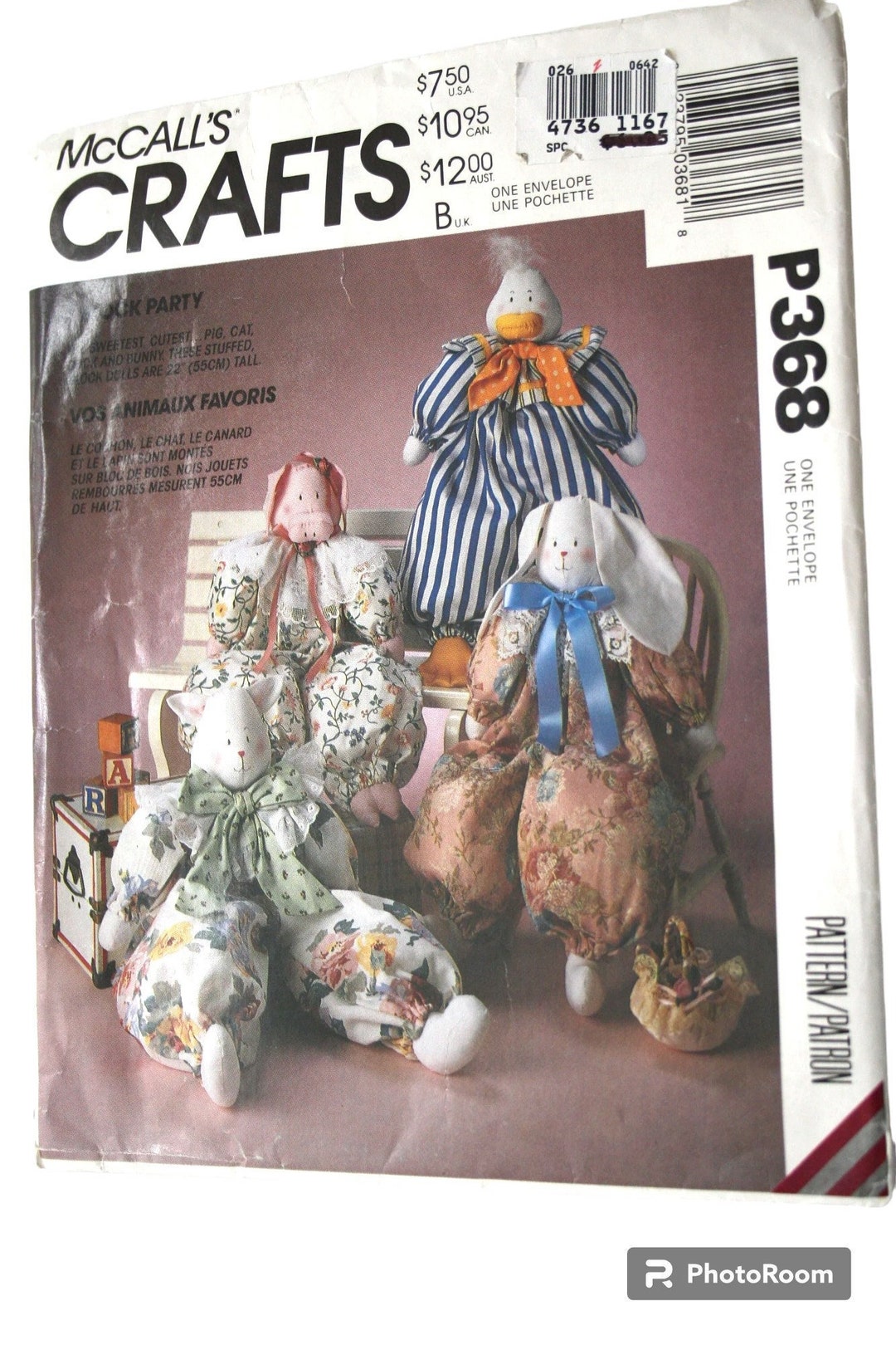 BLOCK Animal Dolls Sewing Pattern Country Bunny Pig Cat Duck SITTING ...