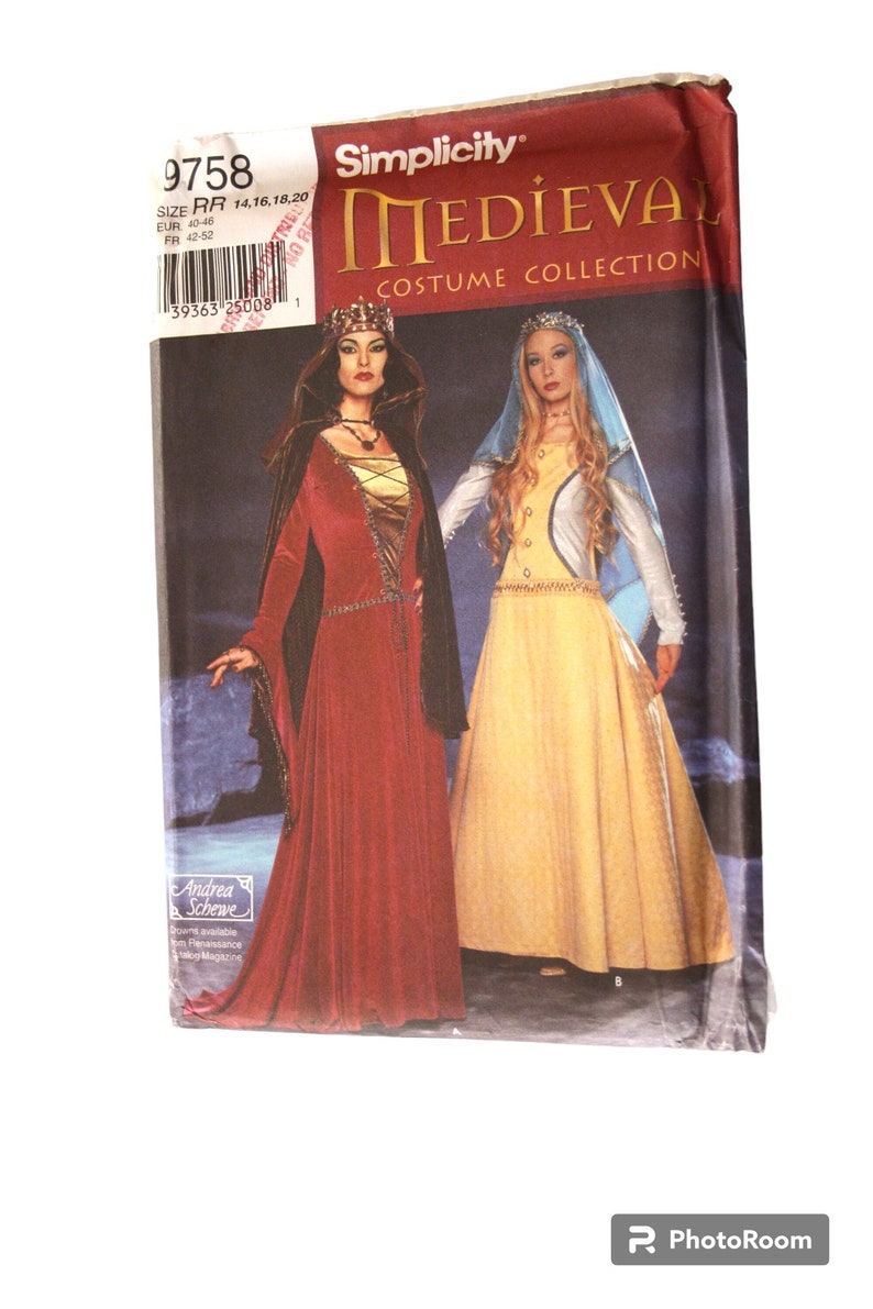 Medieval Dress Sewing Pattern Womens Size 14 16 18 20 COSTUME Cape Veil ...