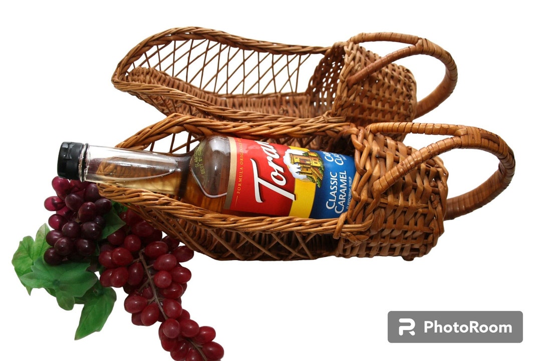 Set of 2 Wicker Caddies Wine BOTTLE Holders Vintage Mid-century Basket ...