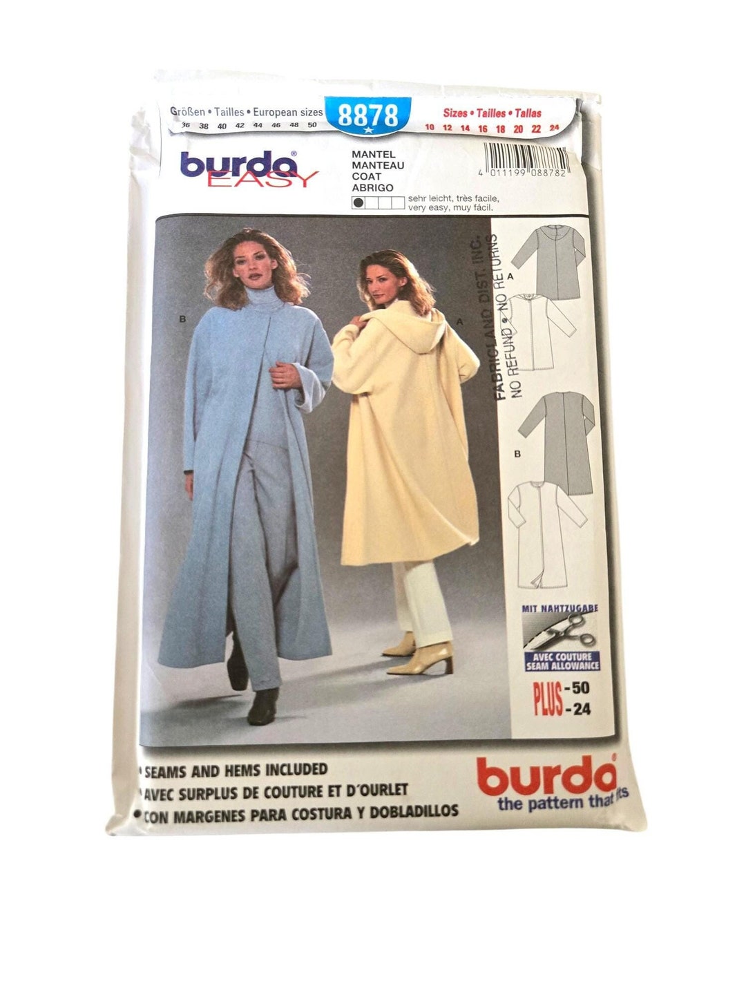 Burda 8878 VERY EASY Loose Fitting Coat Pattern With Hood for Women ...