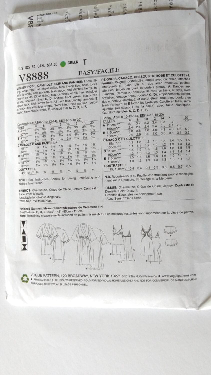 EASY LINGERIE Patterns Womens Size 6 - 14 Robe, Housecoat, Camisole ...