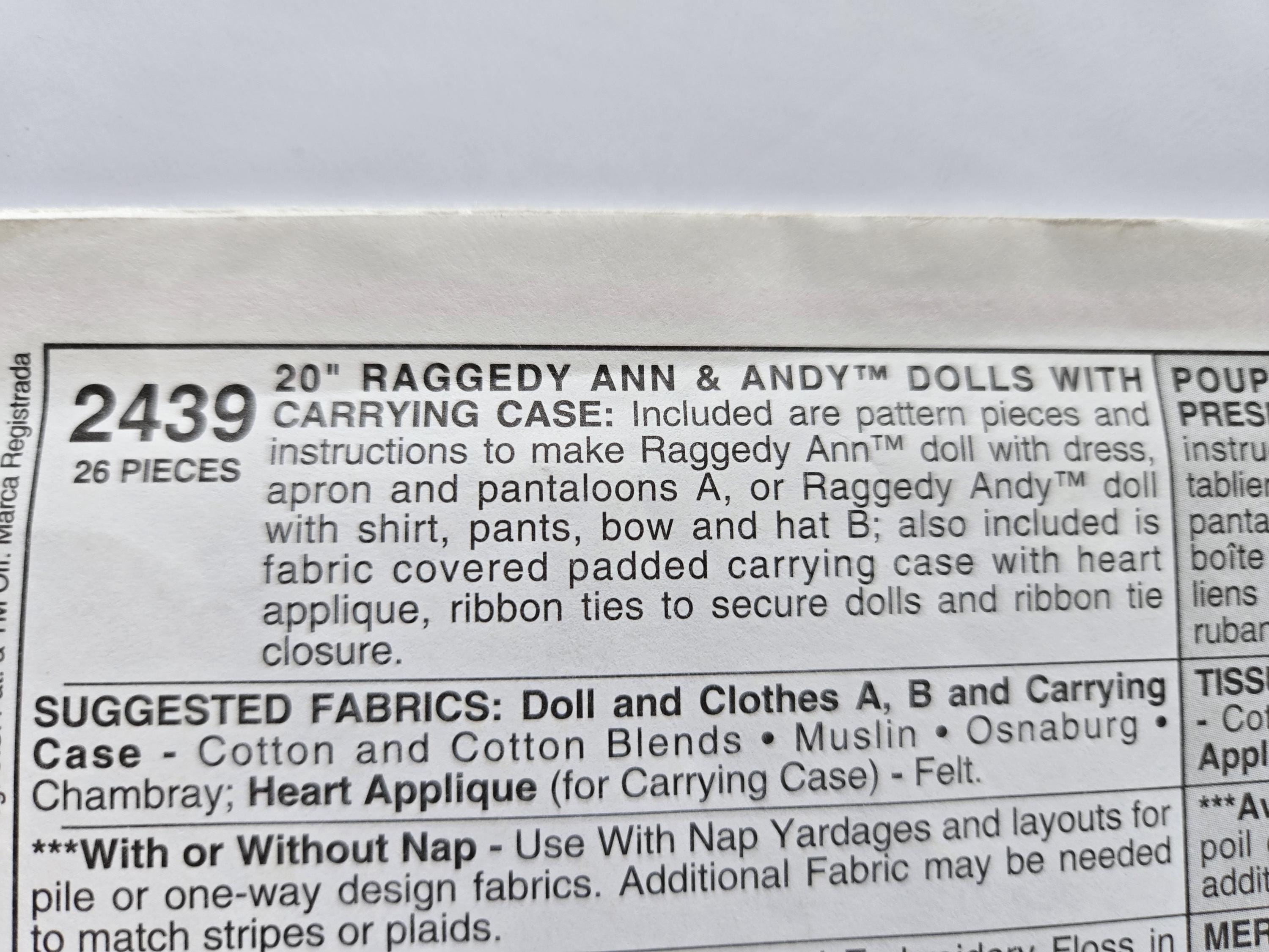 Raggedy Ann & Andy Doll Sewing Patterns With Carrying CASE, Mccalls ...