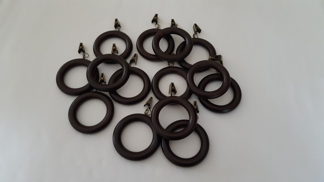 14 Wood DRAPERY Rings With CLIPS for Curtain Rod /pole /dark Brown ...