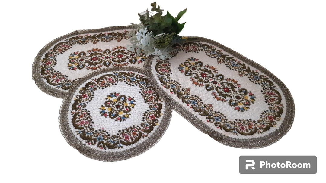 Vintage Brocade Tapestry Doily and Runners 3 Piece Set Included, Gold ...
