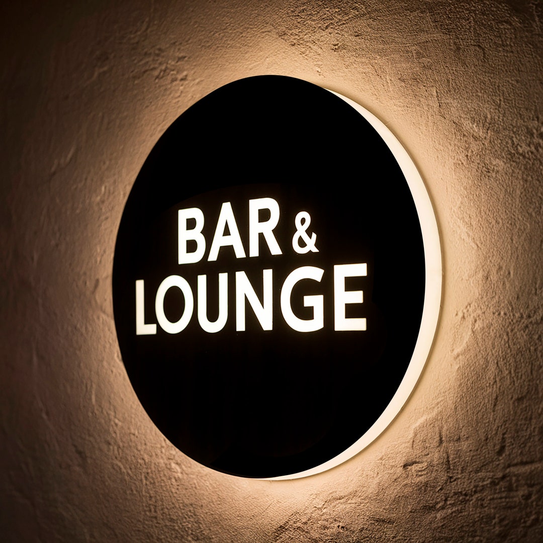 Round LED Backlit Business Sign Modern Illuminated Bar Metal Plaque ...