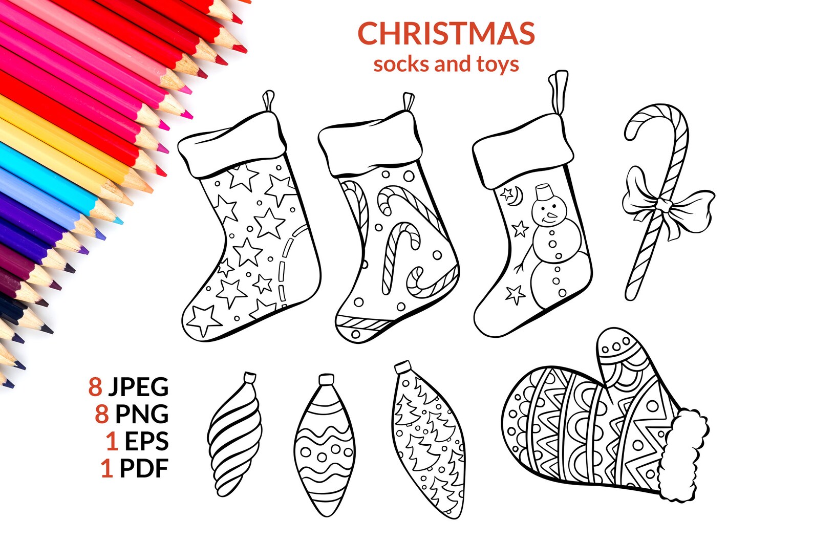 Christmas Clipart Digital Stamps, Black and White Coloring Page Socks ...