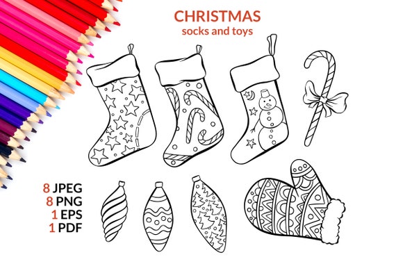 Christmas Clipart Digital Stamps Black and White Coloring | Etsy