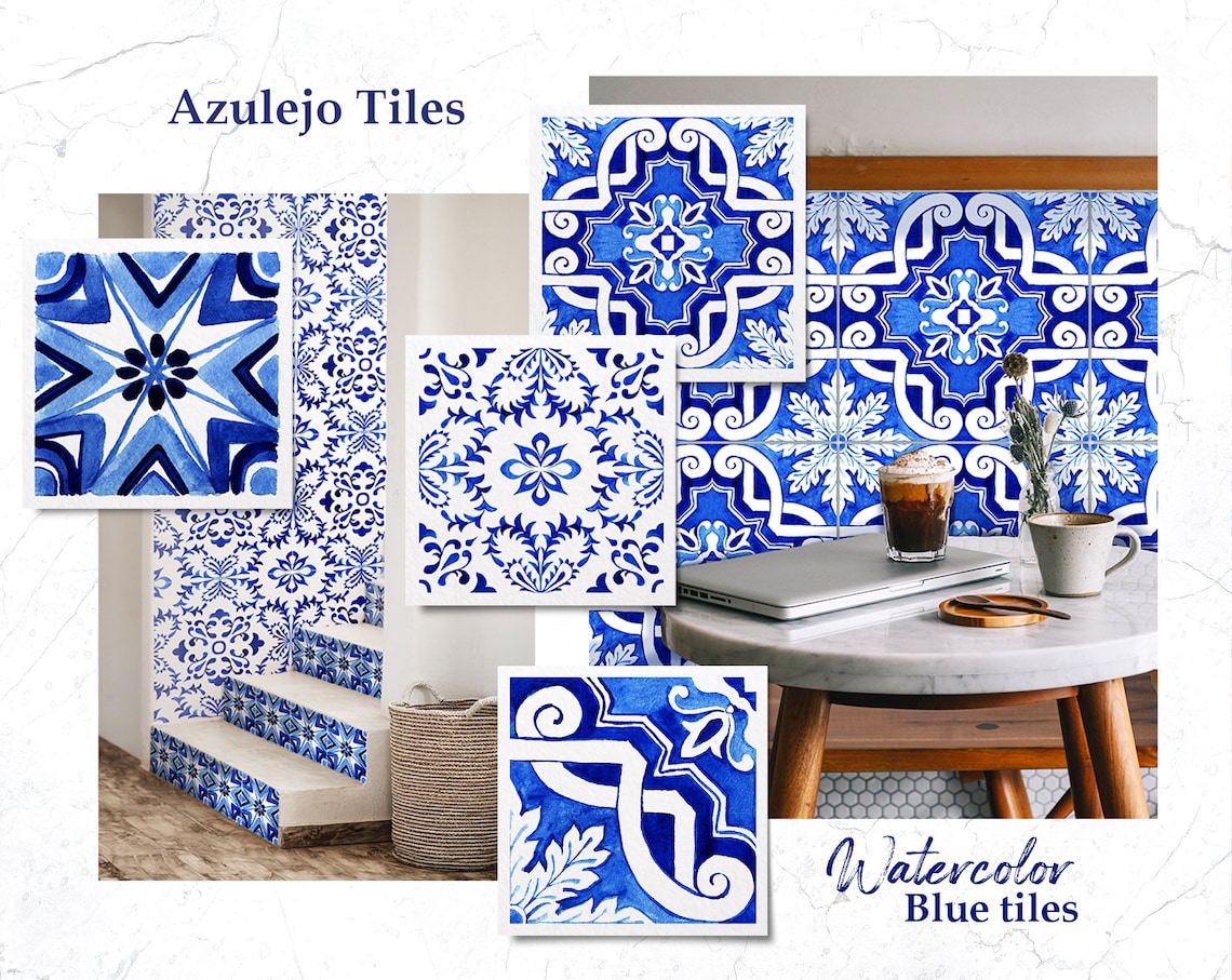 Portuguese Tiles. Mosaic Talavera Stencil Watercolor Clipart. | Etsy