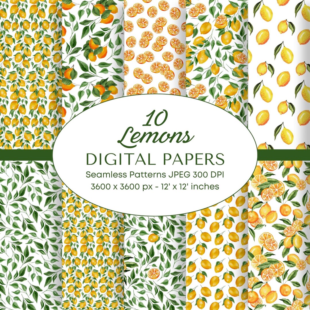 Lemon Digital Papers Watercolor JPEG Seamless Patterns for Sublimation ...