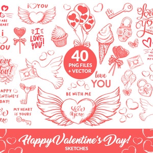 Valentines Day Doodles Clipart Bundle. Love Lettering Hearts - Etsy