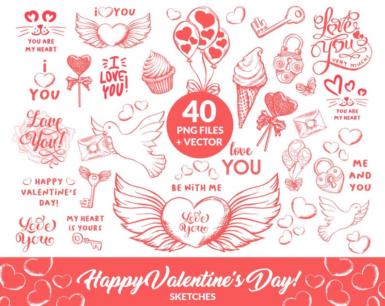 Valentines Day Doodles Clipart Bundle. Love Lettering Hearts - Etsy