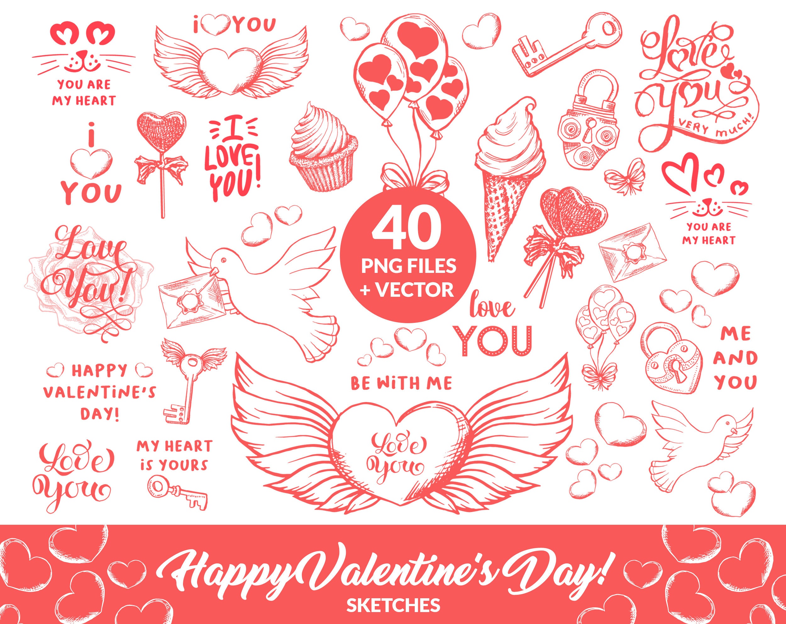 Valentines Day Doodles Clipart Bundle. Love Lettering Hearts - Etsy