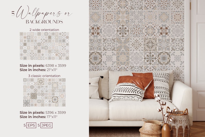 Beige Spanish Tiles Frames Vector Seamless Patterns Bundle. Tile ...