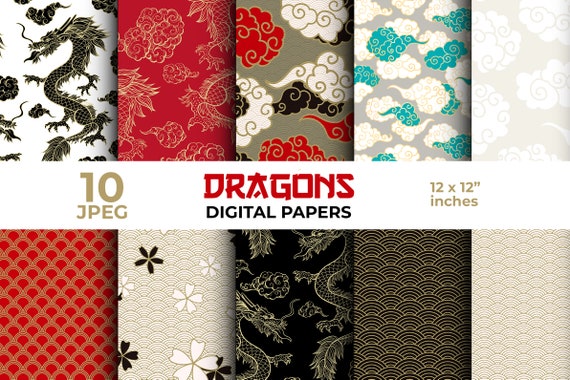 Chinese Dragon Digital Papers. Red and Beige Asian Traditional | Etsy