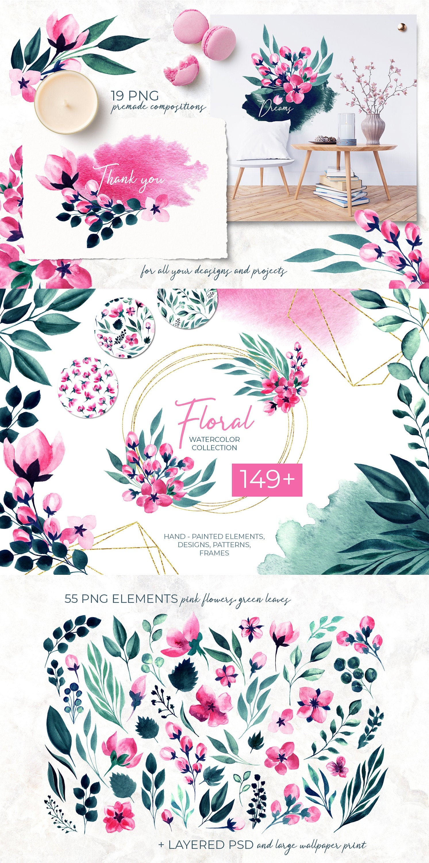 149 Floral Elements. Pink Watercolor Flowers Green Leaves - Etsy