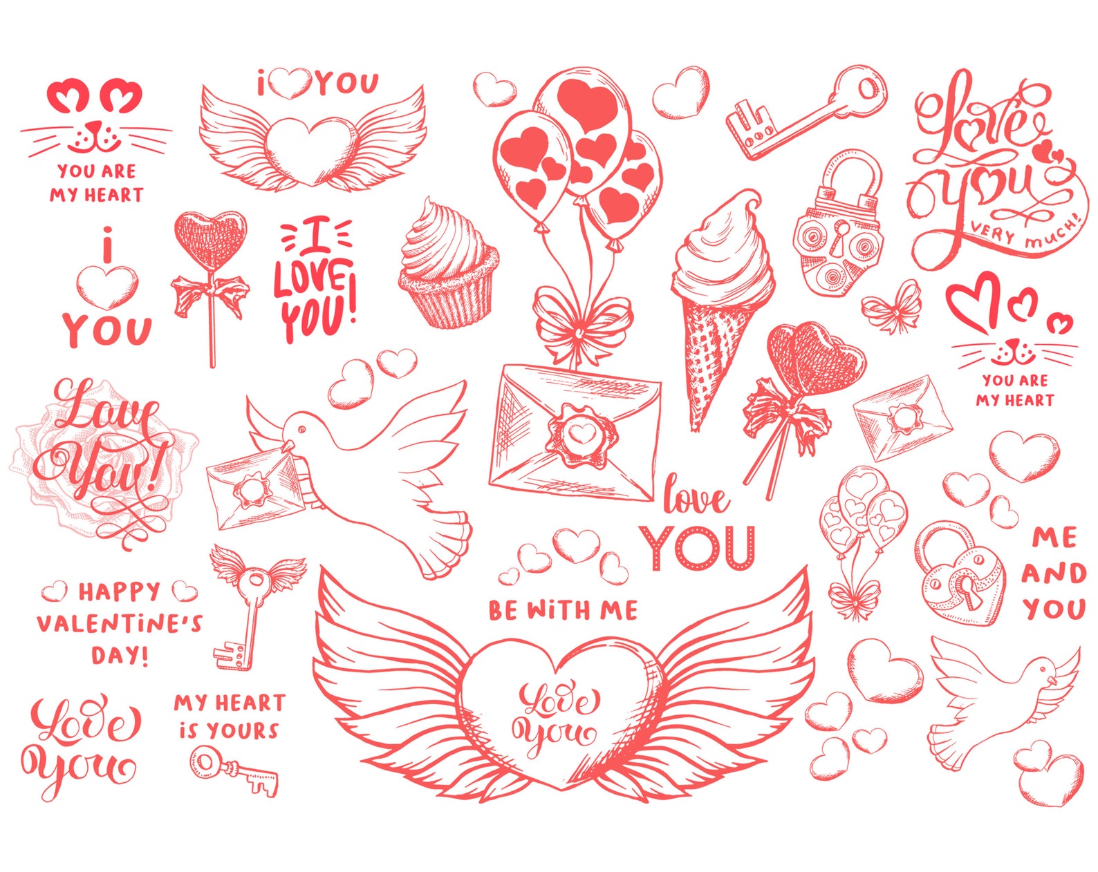 Valentines Day Doodles Clipart Bundle. Love Lettering Hearts - Etsy