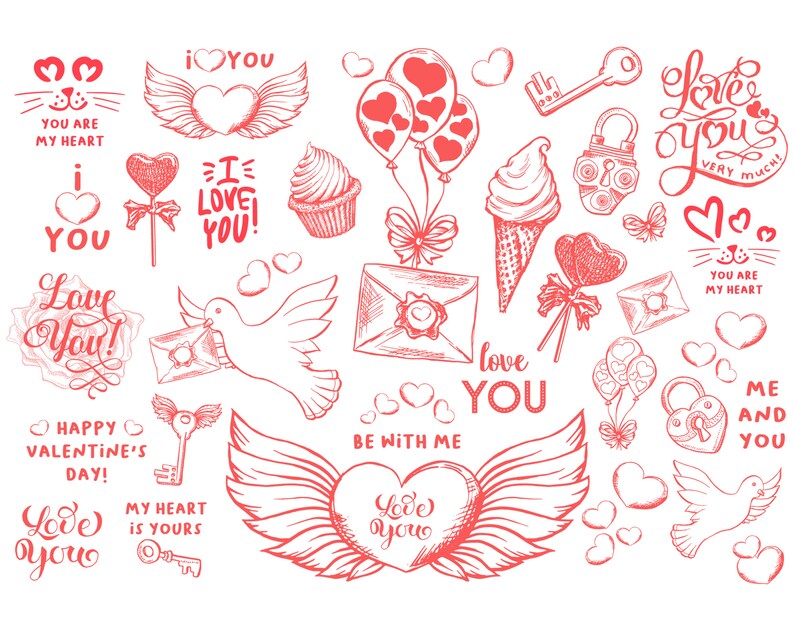 Valentines Day Doodles Clipart Bundle. Love Lettering Hearts - Etsy
