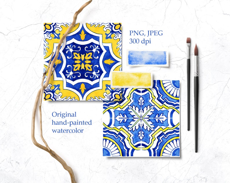 Portuguese Tiles Watercolor Clipart SET3. Talavera Mosaic - Etsy