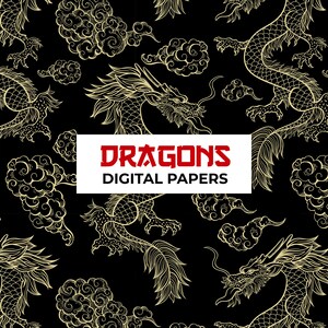 Chinese Dragon Digital Papers. Red and Beige Asian Traditional Seamless ...