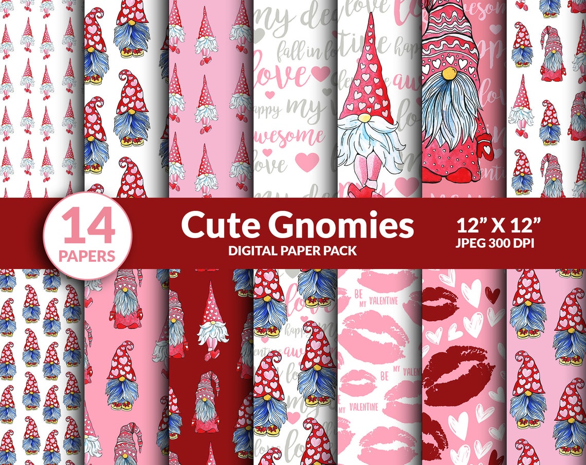 Valentine Gnome Digital Paper Seamless Pattern. Love Hearts | Etsy