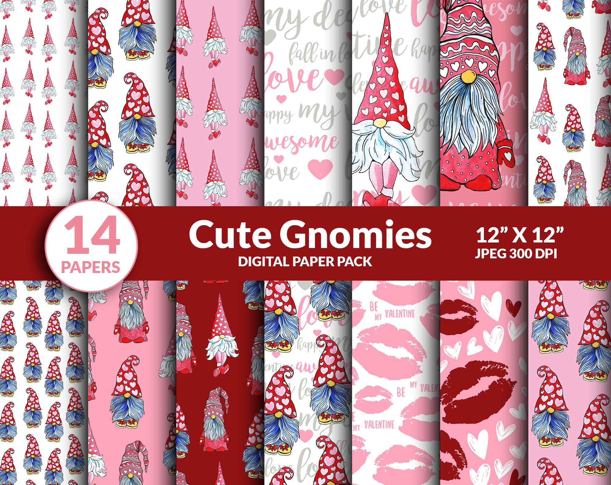 Valentine Gnome Digital Paper Seamless Pattern. Love Hearts | Etsy
