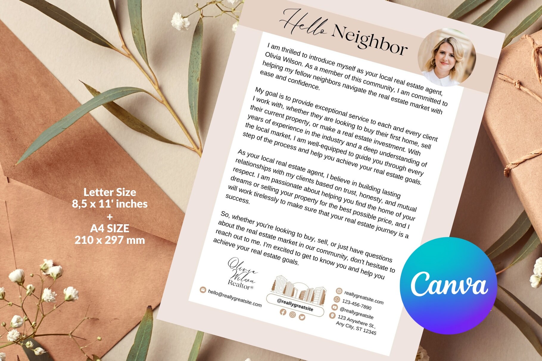 Real Estate Letter Editable CANVA Template Beige Realtor Marketing ...