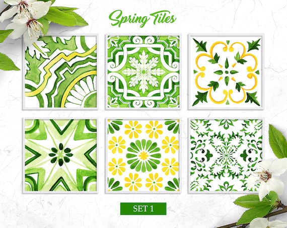 Spring Tiles Green Watercolor Digital Print Clipart Set1. | Etsy
