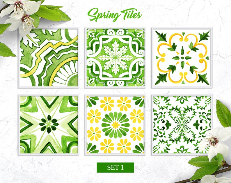 Spring Tiles Green Watercolor Digital Print Clipart Set1. | Etsy