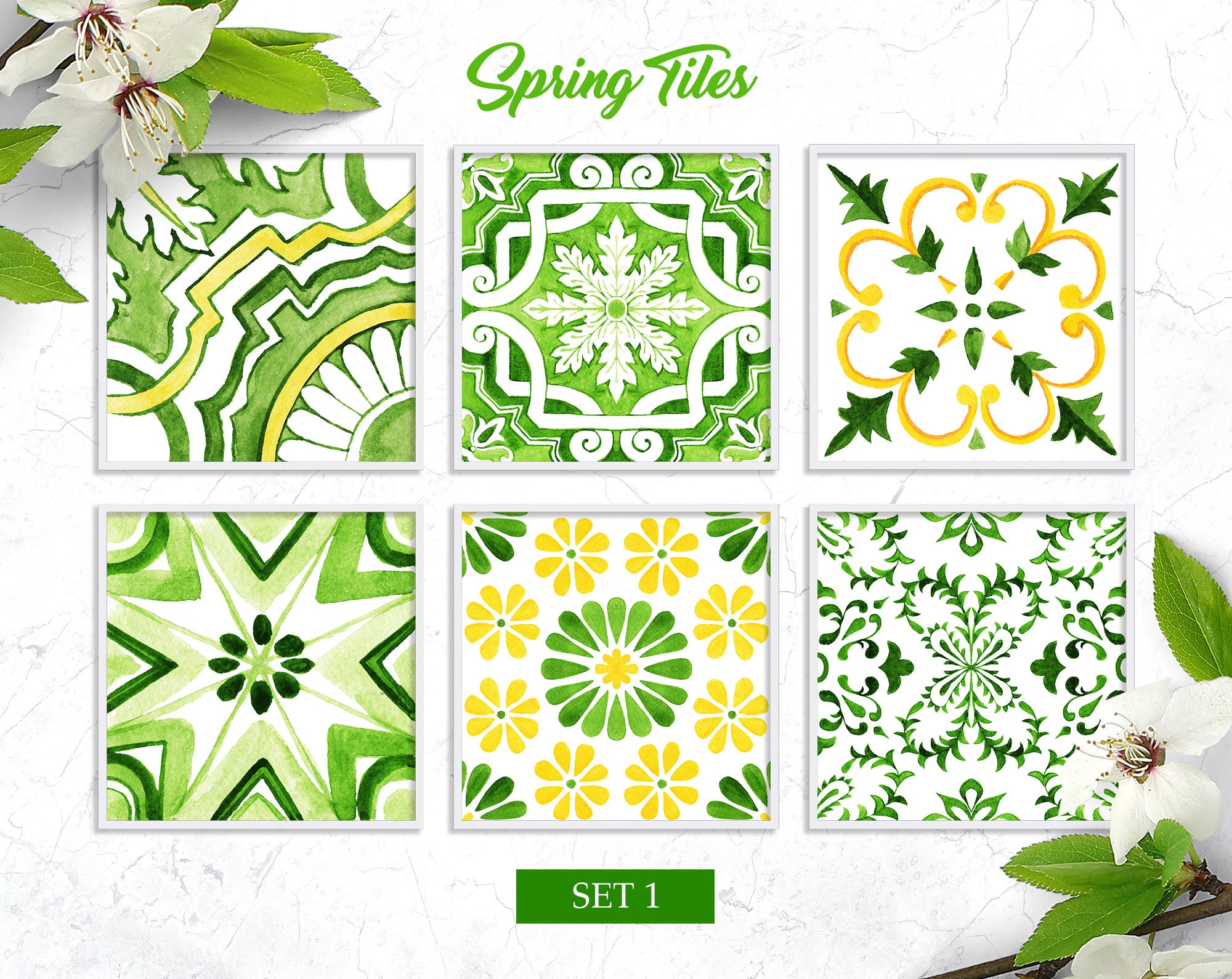 Spring Tiles Green Watercolor Digital Print Clipart Set1. | Etsy