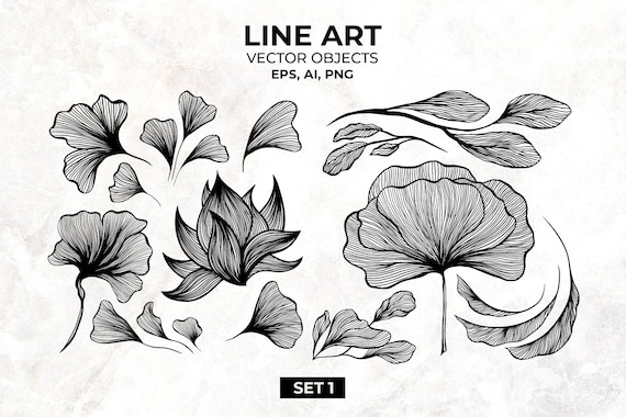 Black and White Waves Floral Digital Print. Botanical Line Art - Etsy