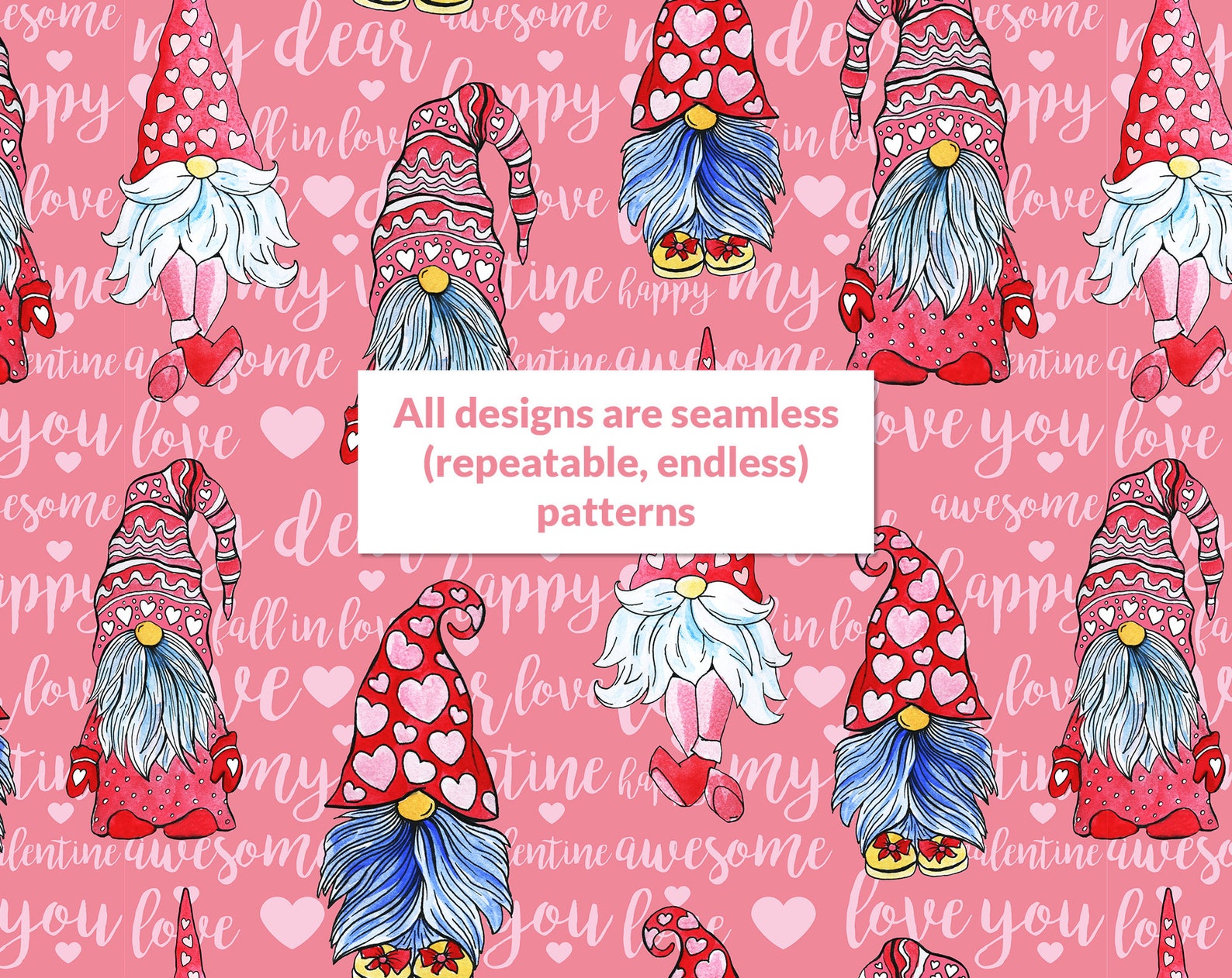 Valentine Gnome Digital Paper Seamless Pattern. Love Hearts | Etsy