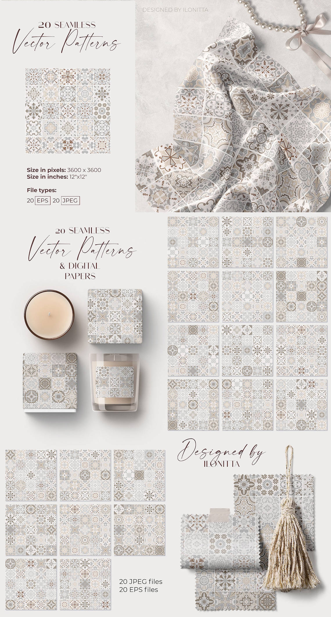 Beige Spanish Tiles Frames Vector Seamless Patterns Bundle. Tile ...