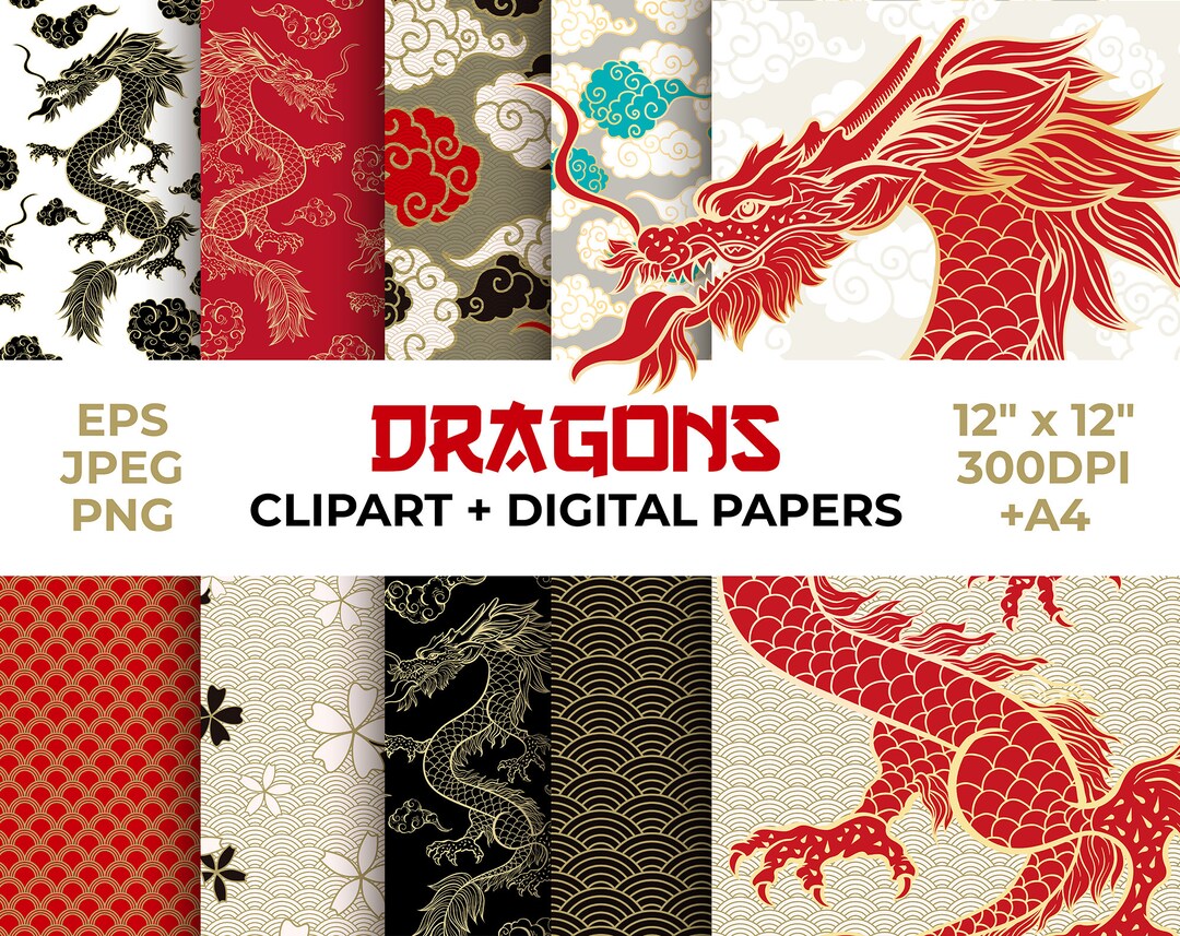 Chinese New Year Digital Papers Vector Dragon Vector Files Sublimation ...