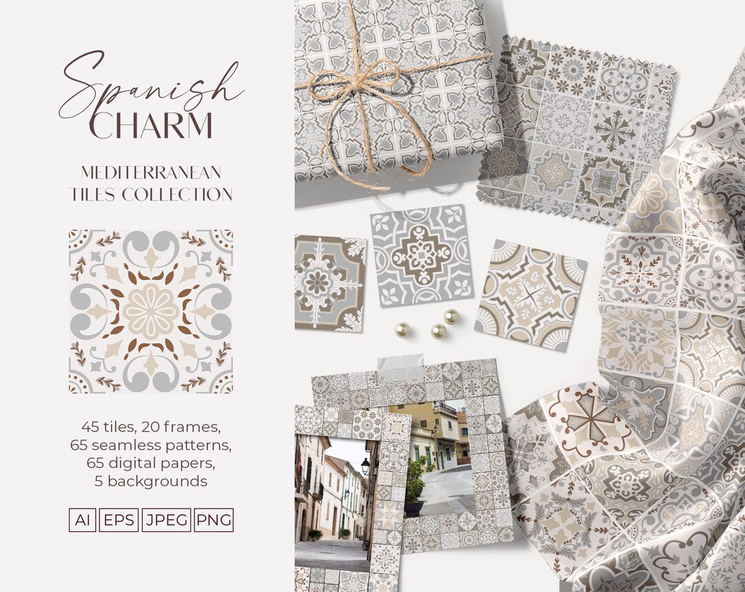Beige Spanish Tiles Frames Vector Seamless Patterns Bundle. Tile ...